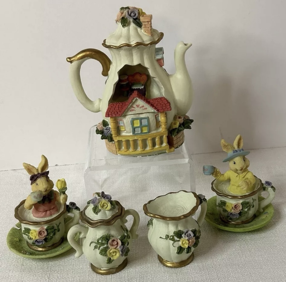 Vintage Ceramic Easter Bunny Tea Set Decor 5 Piece Set~ NIB