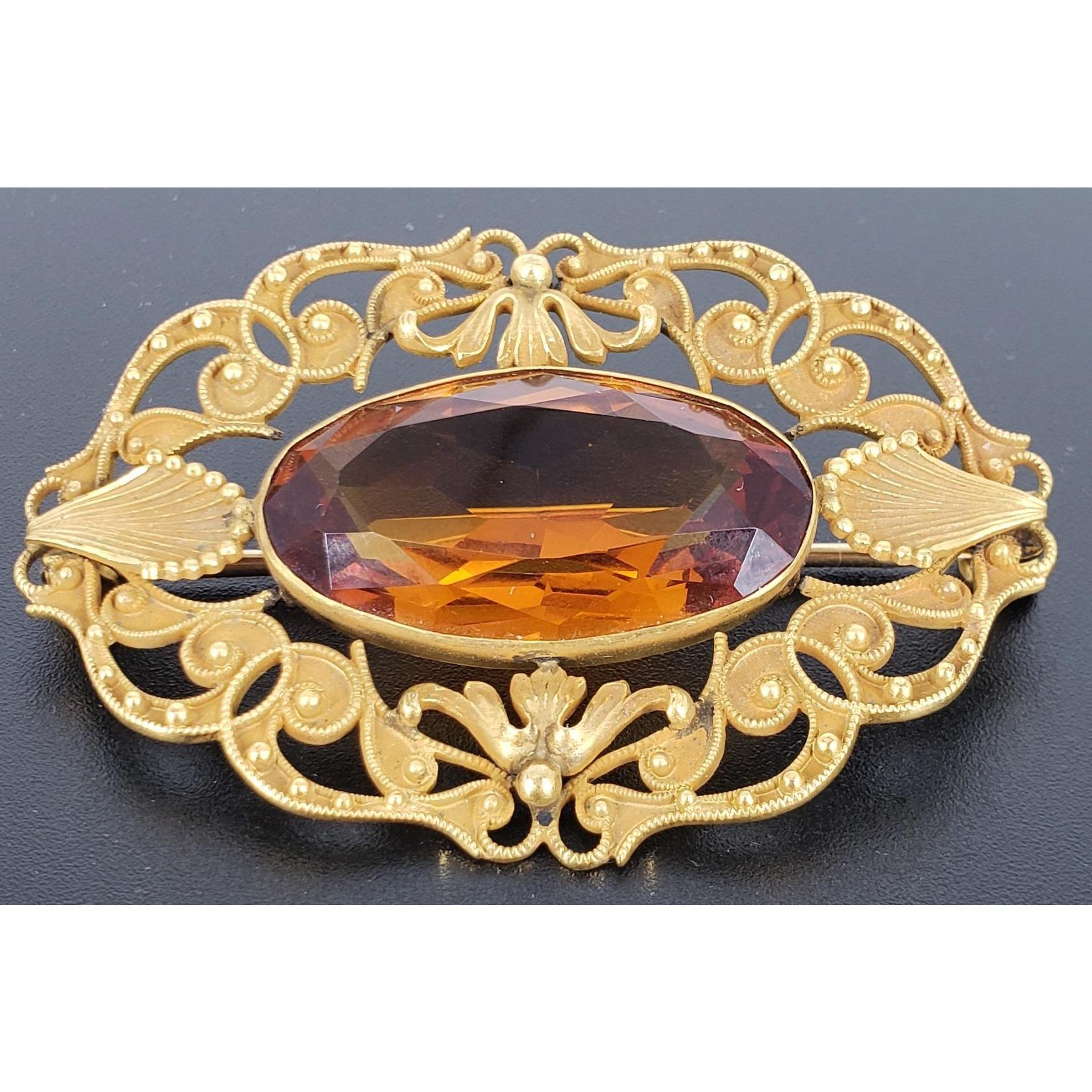 Antique Oval Honey Amber Czech Glass Gold Tone Victorian Art Nouveau Brooch