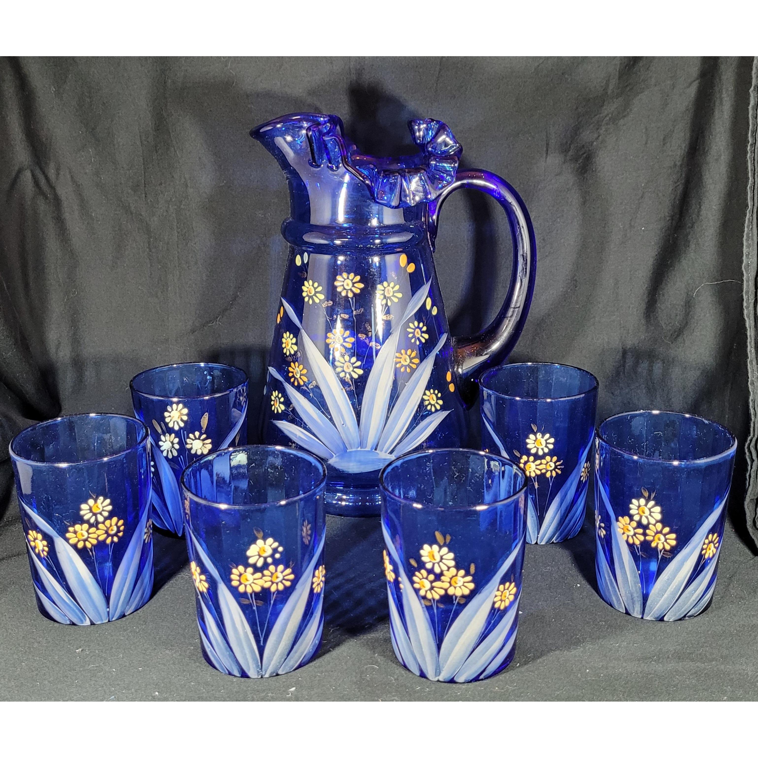 Antique Victorian Handpainted Lemonade Set With 6 Glasses In Cobalt Blue