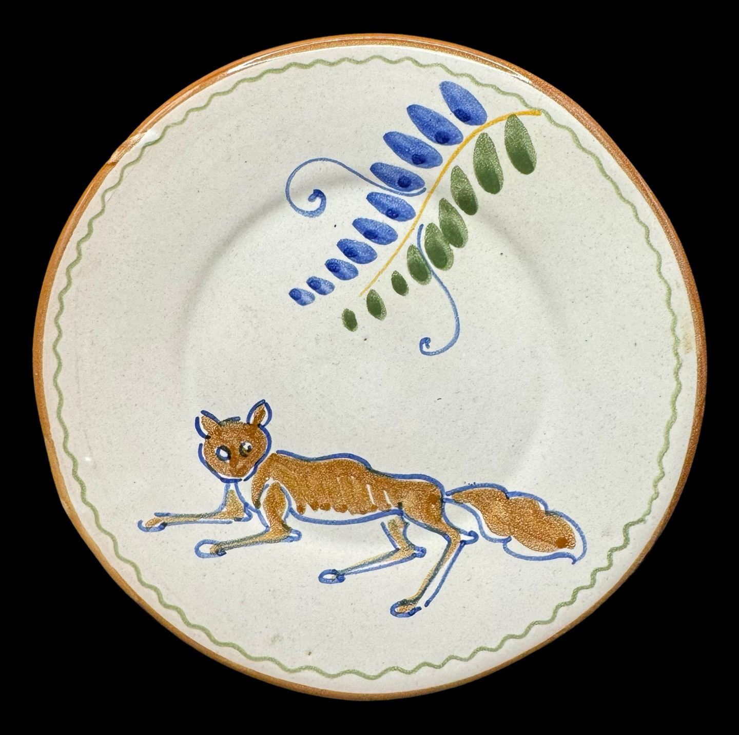 Faience Style Art Pottery Fox Animal Trinket Dish Plate Round 6”