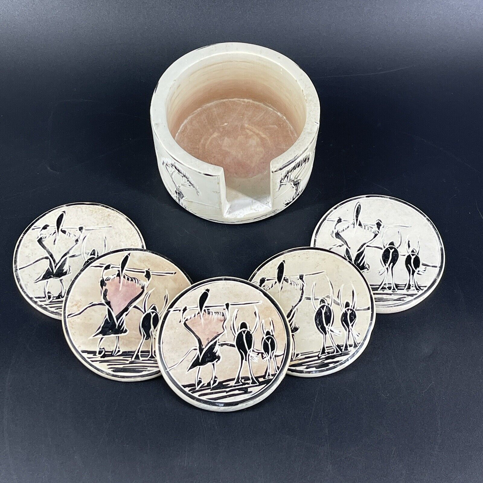 AFRICAN ZANZIBAR SOAPSTONE TRIBAL WARRIOR COASTER SET W/ HOLDER HAND CARVED