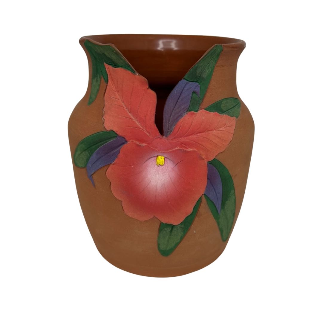 Handmade Terracotta Pottery Vase Cut Out Hibiscus Tropical Flower Signed