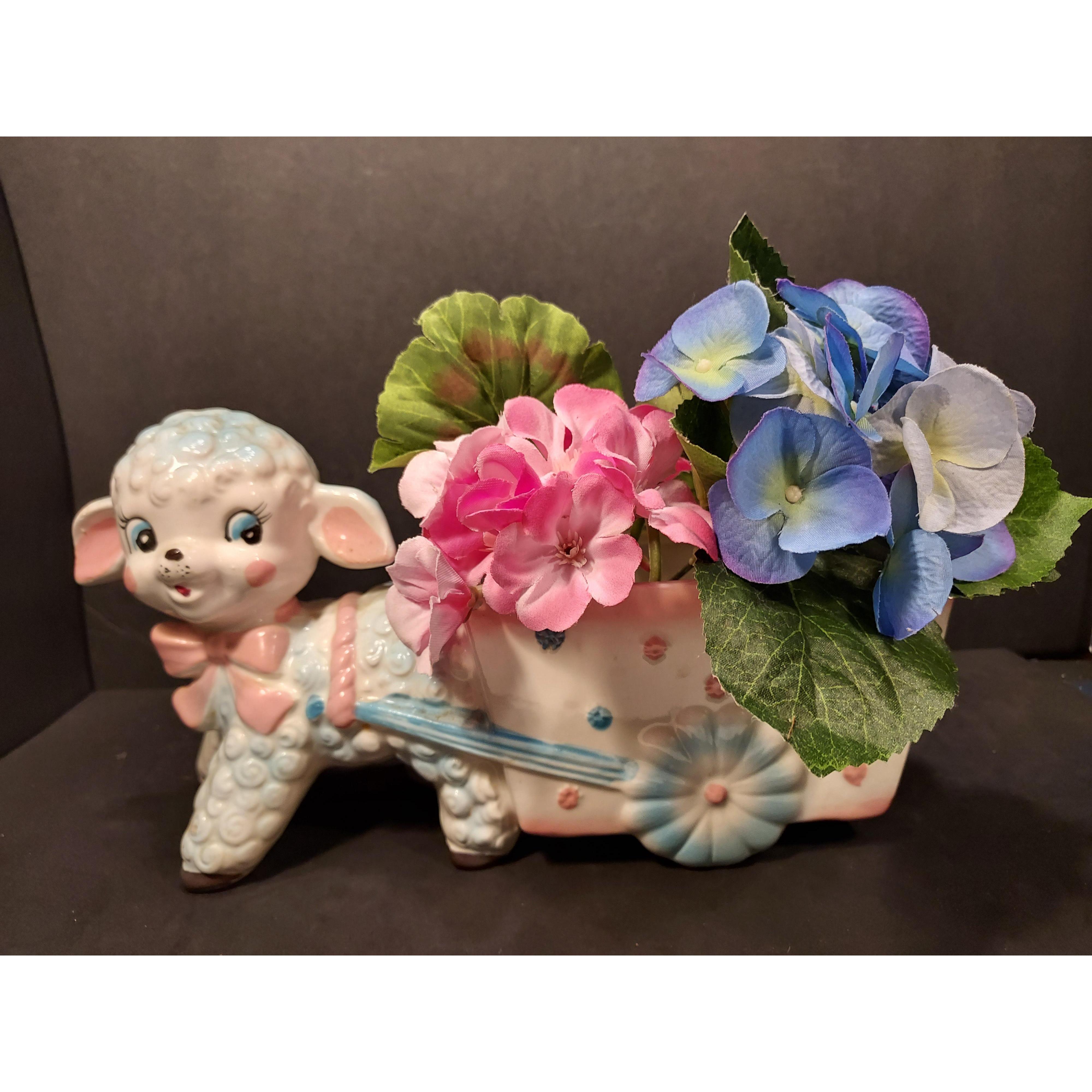 Ceramic Lamb Planter Pink Bow & Flower Cart