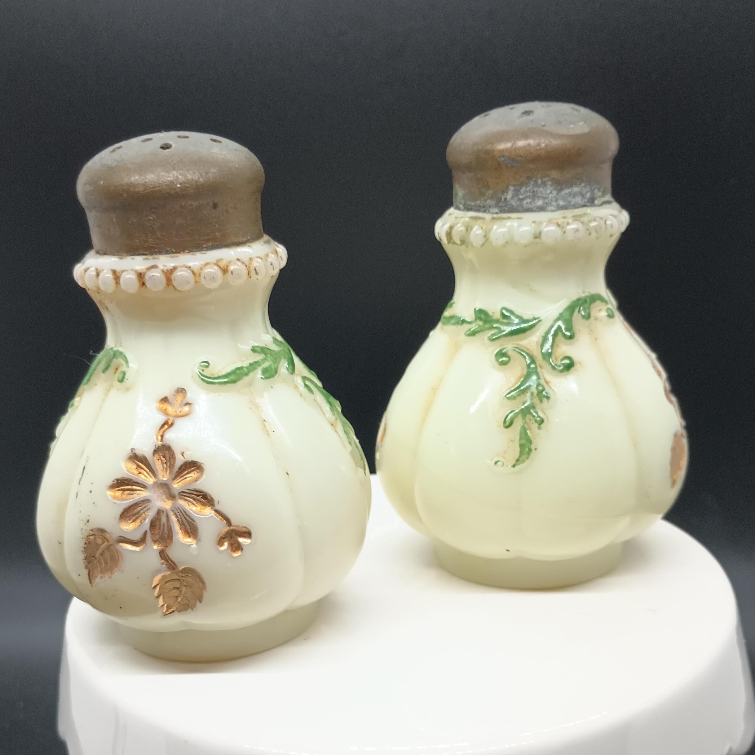 Antique Custard Glass Salt And Pepper Shakers Hand-painted Melon Shape ...