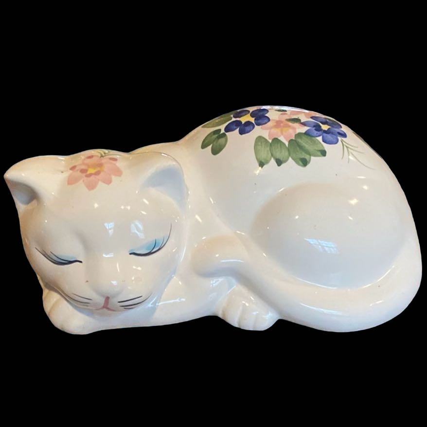Vintage Sweet Sleeping Kitty Cat with Hand Painted Flowers Large ...