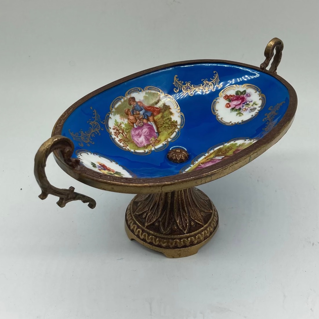 Antique Reproduction Sevres Bronze Enamel Dish French Blue Signed “LV ...