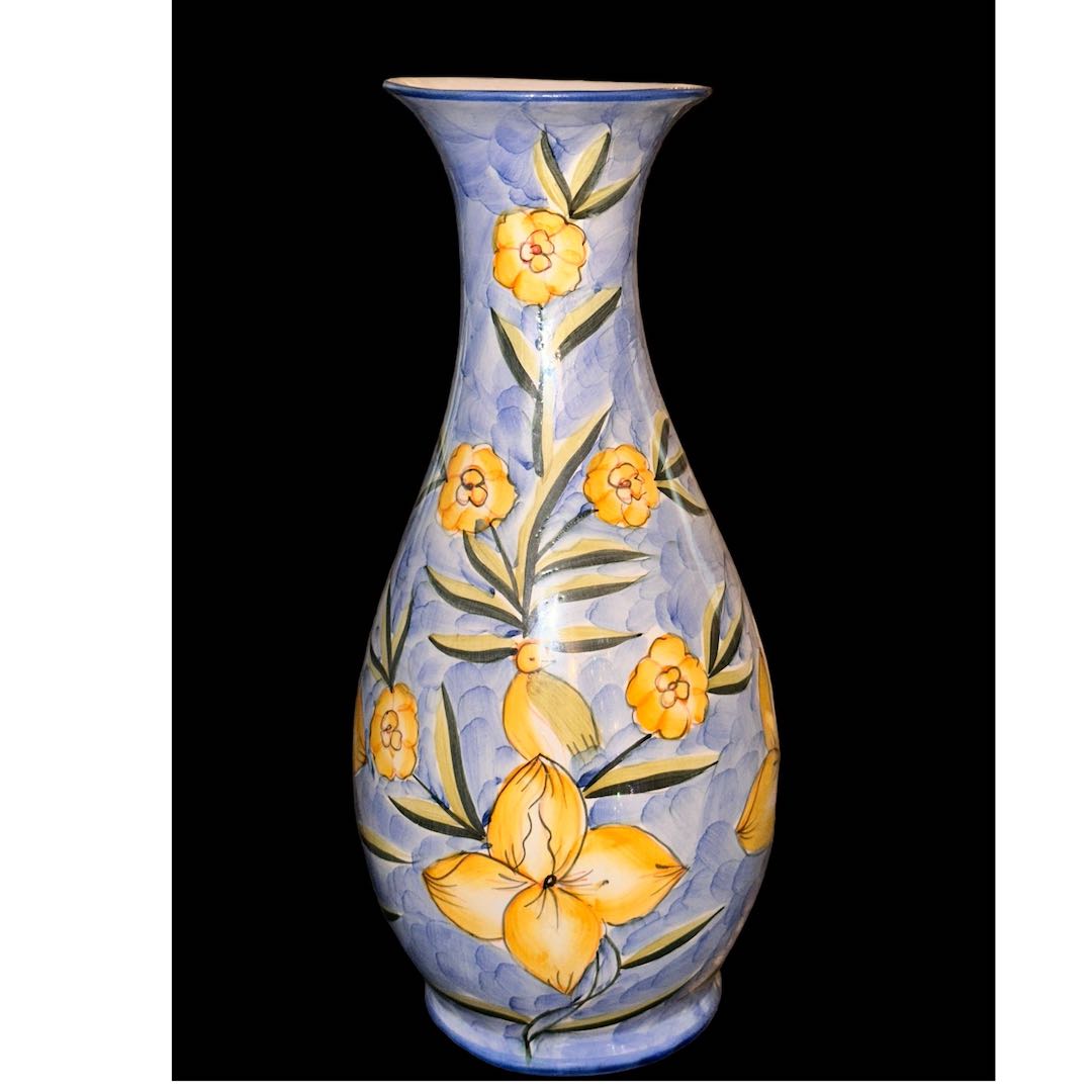 Tall Handpainted Vase With Yellow Flowers And Birds - 11.75” Tall