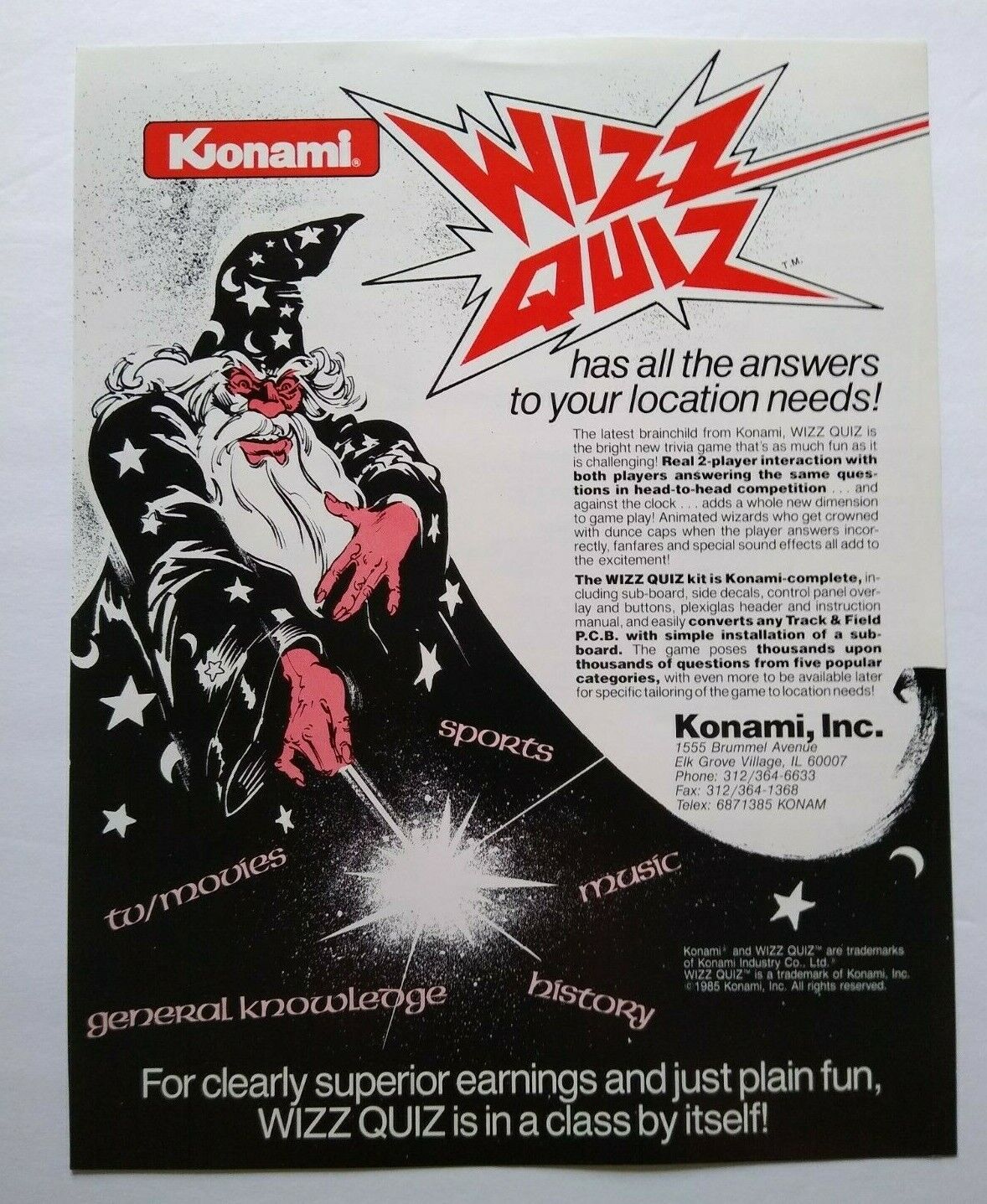 Wizz Quiz Arcade FLYER Original 1985 Video Game Vintage Retro Promo Artwork
