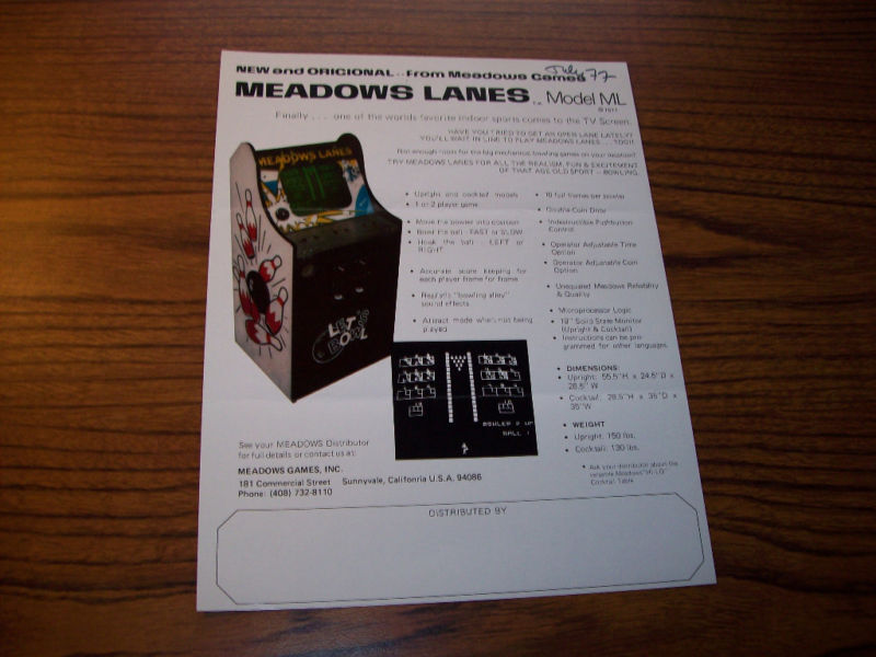 MEADOWS LANES ORIGINAL VIDEO GAME FLYER Vintage Retro Promo Art 1977