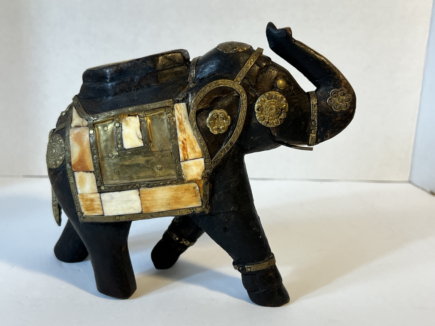 Vintage Hand Carved Wooden Hindu Elephant 6” w/ Brass Indus Sindhu Inlay