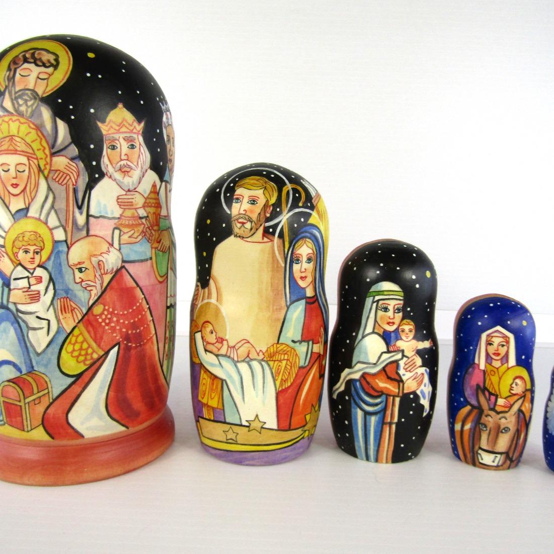 Russian Matryoshka Nesting Doll 7" 5 Pc., Jesus Nativity Hand Made 1068
