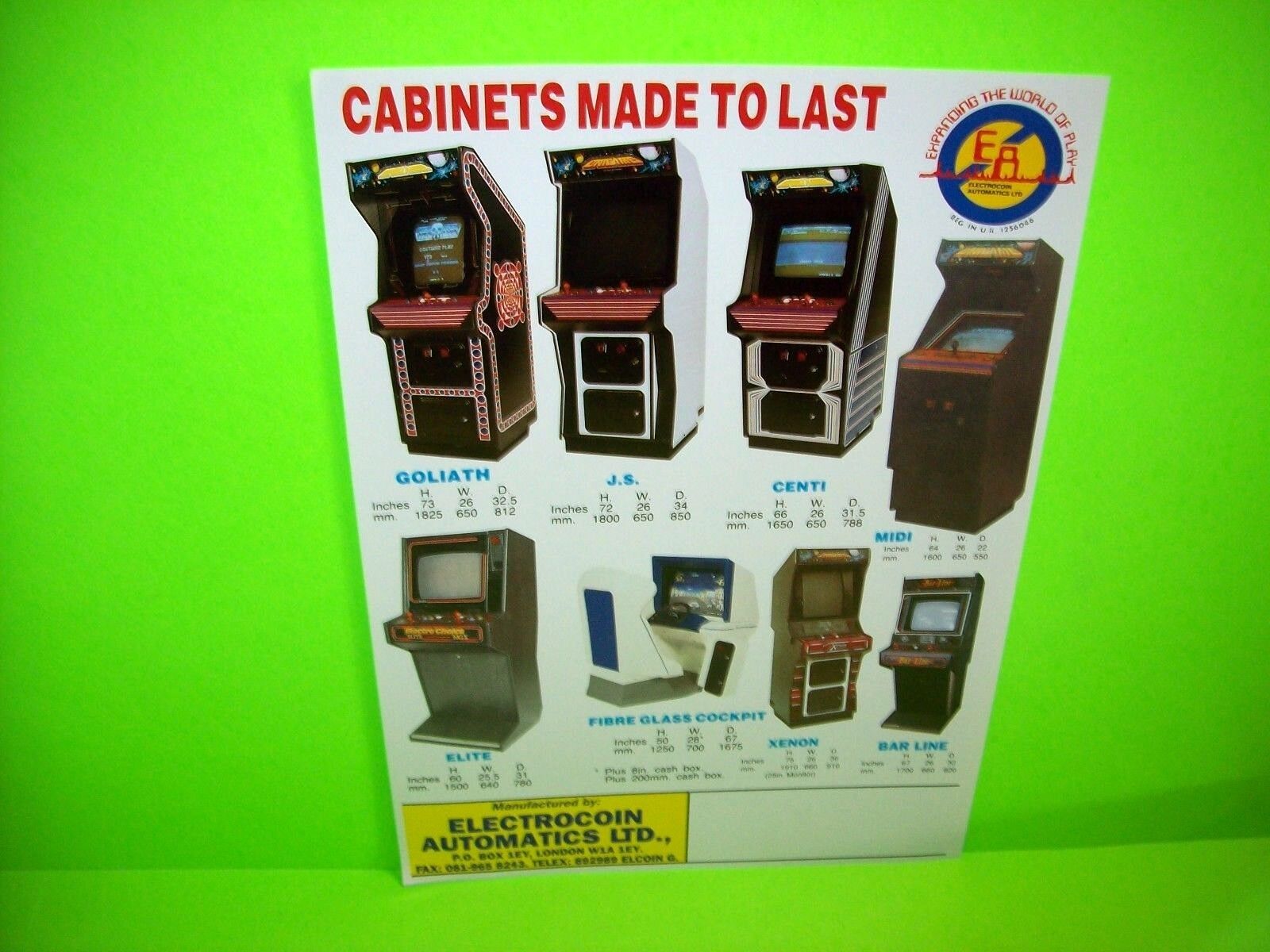 Cabinets Made To Last Original NOS Video Arcade Game Flyer Electrocoin UK