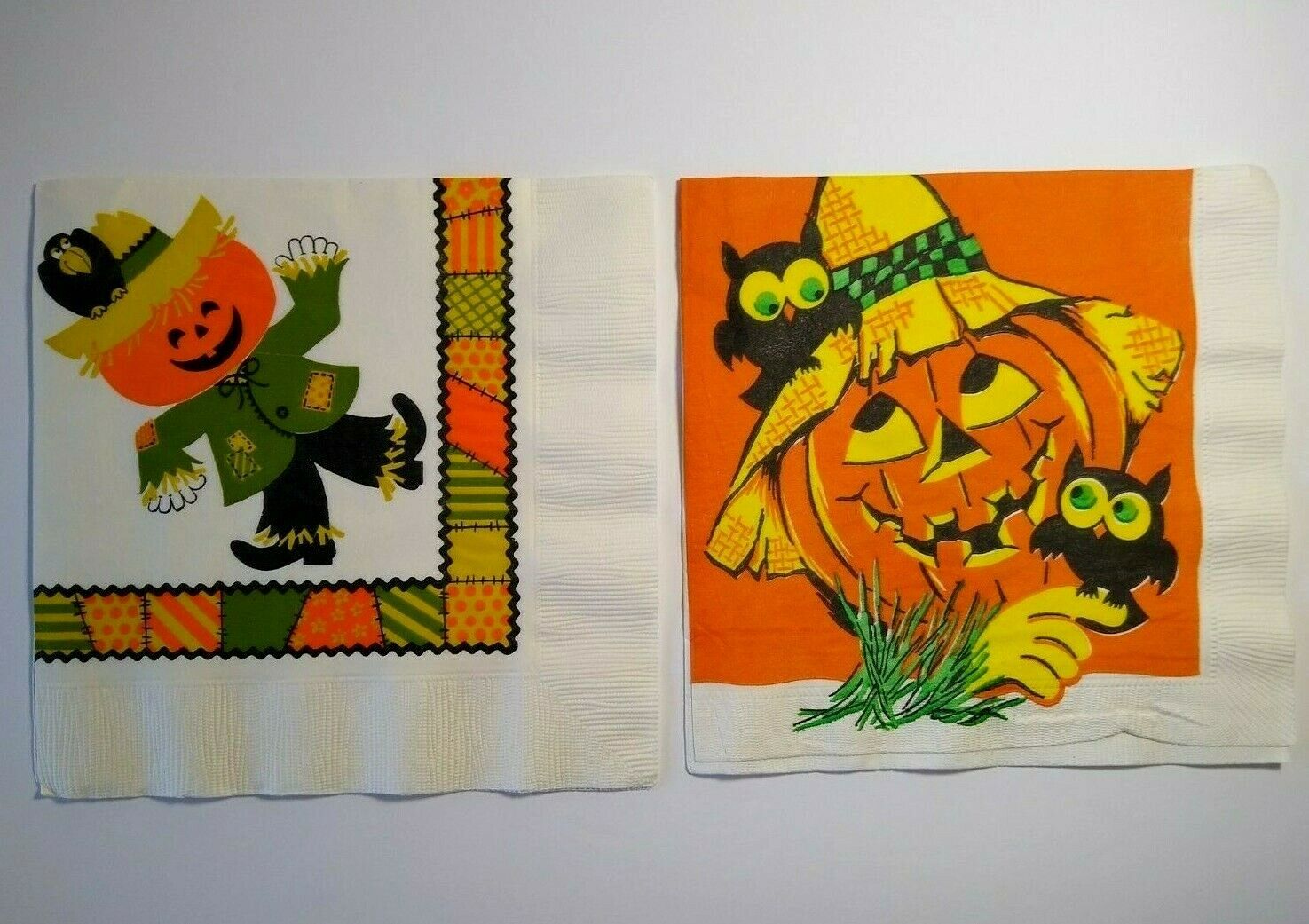 Halloween Vintage Crepe Paper Napkins Scarecrows Owl Crow Pumpkin Head ...