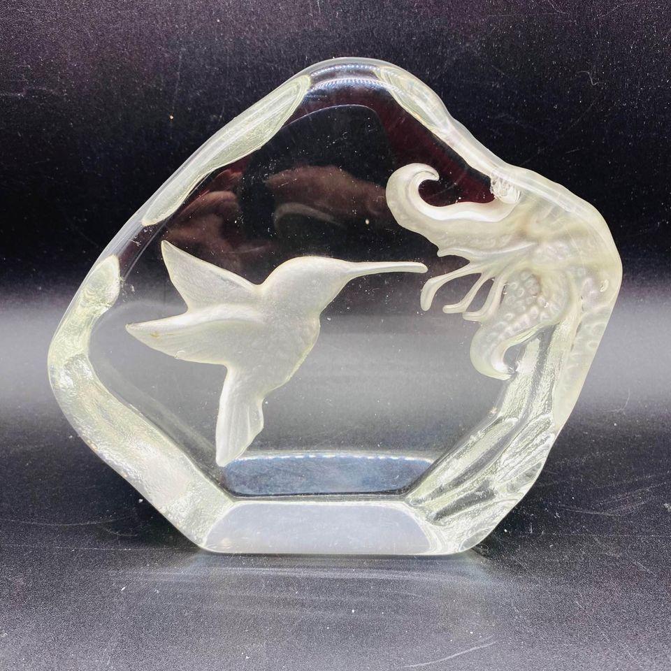 06 Etched Crystal Hummingbird and Flower Paperweight Decor Clear Glass ...