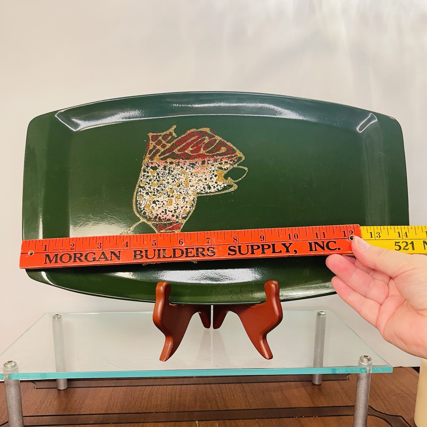 Lacquerware Tray Japan Green w/Applied Graphic 14”