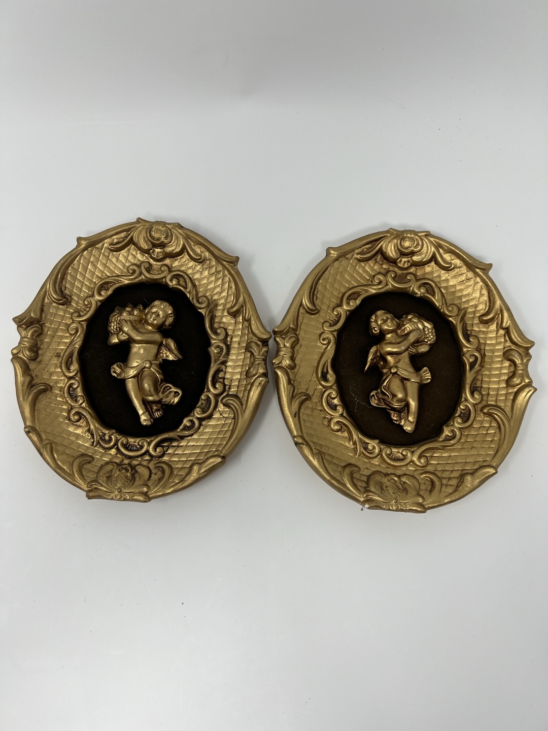 Mid Century Gold Angel Plaques by Ardco, Hollywood Regency Wall Cherubs