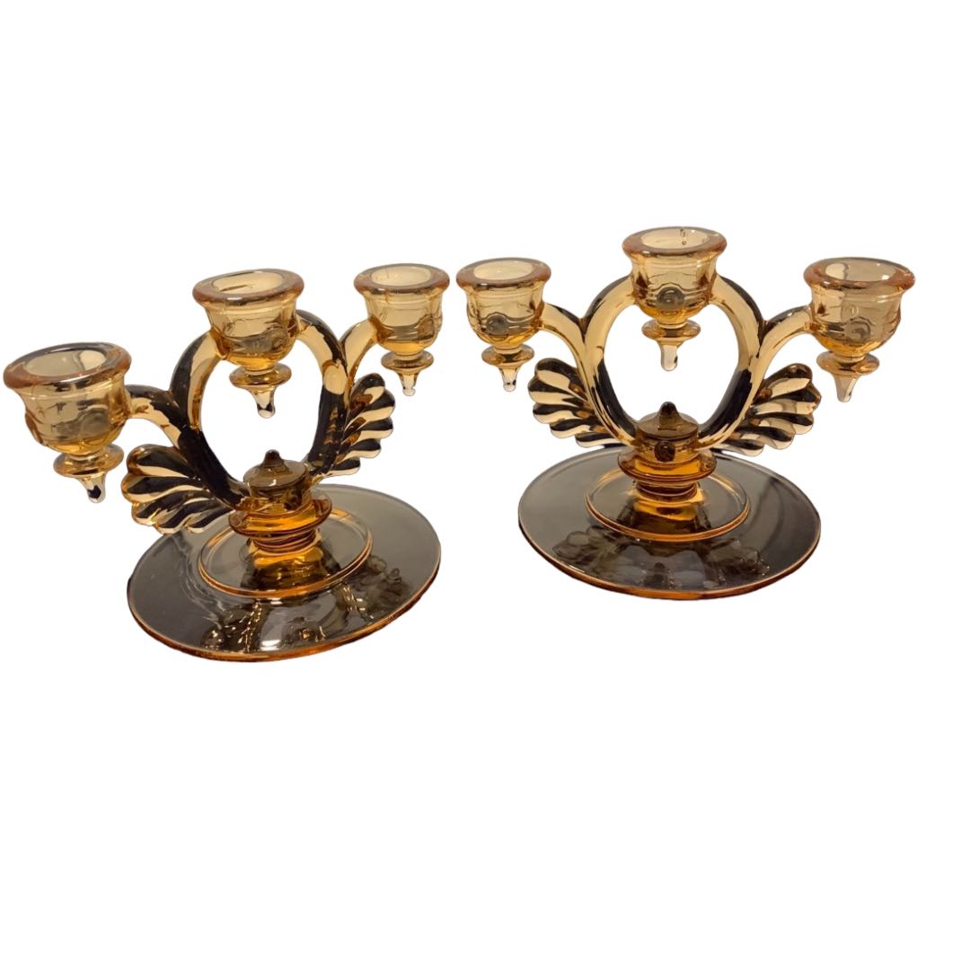 Antique New Martinsville Viking Amber Moondrops 3-lite Candlestick Holder