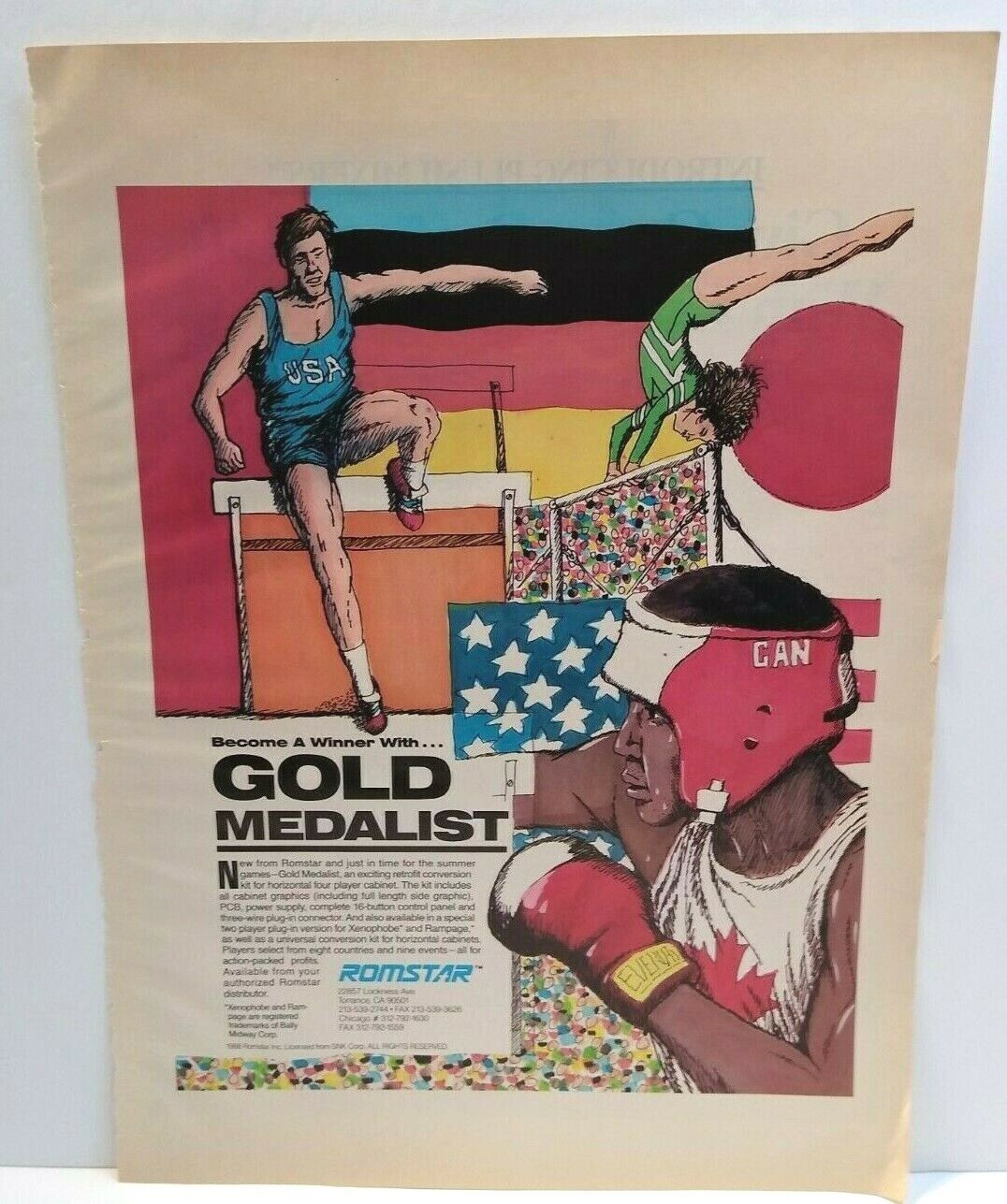 Gold Medalist Arcade AD Romstar 1988 Video Arcade Game Magazine Artwork ...