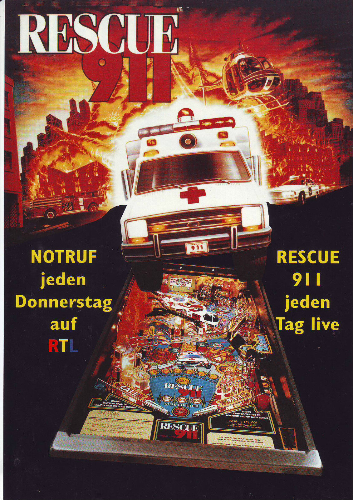 RESCUE 911 Original 1994 UNUSED German Arcade Pinball Machine Sales ...