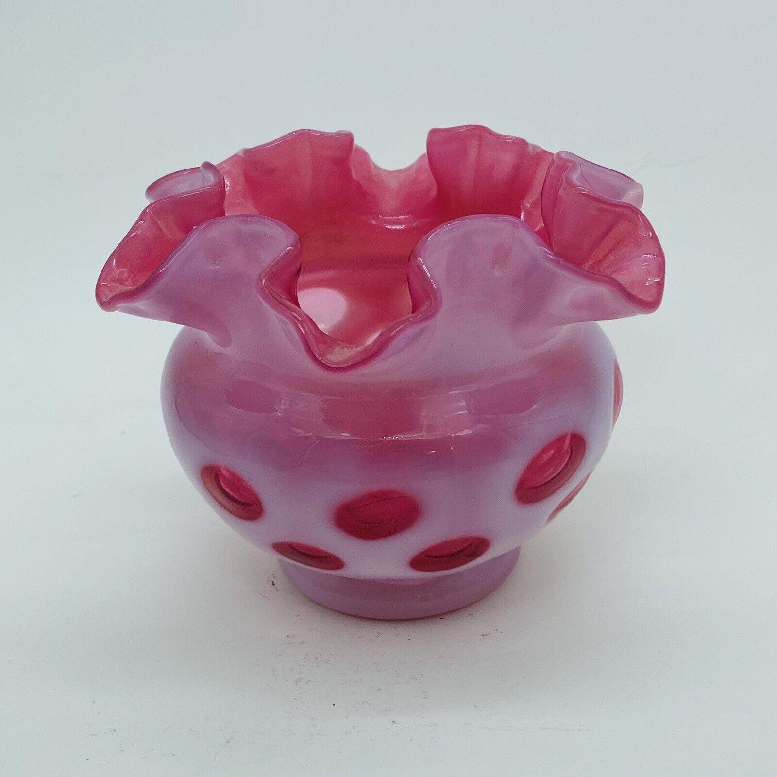Vintage Fenton Coin Dot Ruffled Cranberry Pink White Rose Bowl