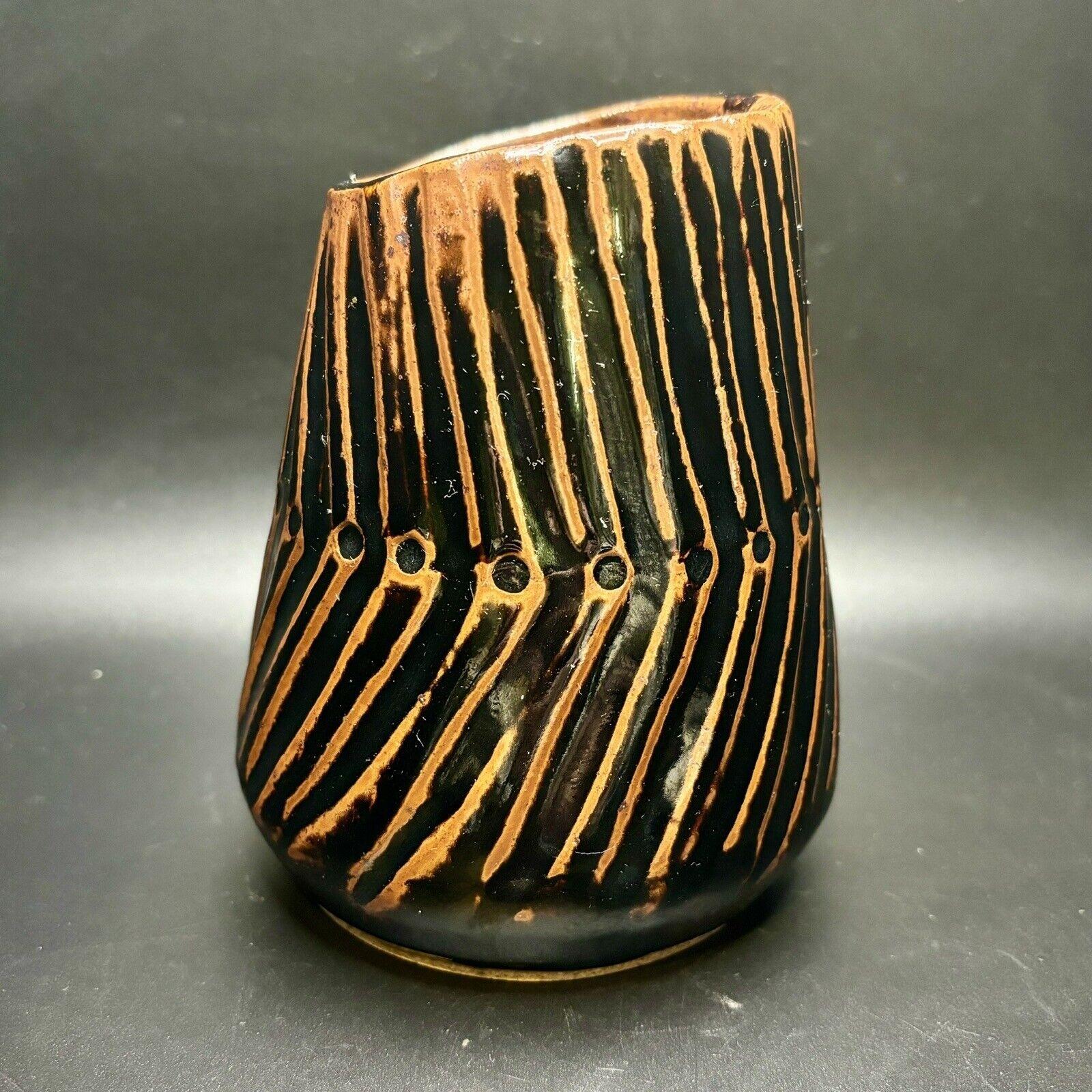 Studio Art Pottery Signed by Artist Abstract Pattern Slanted Vase 5"