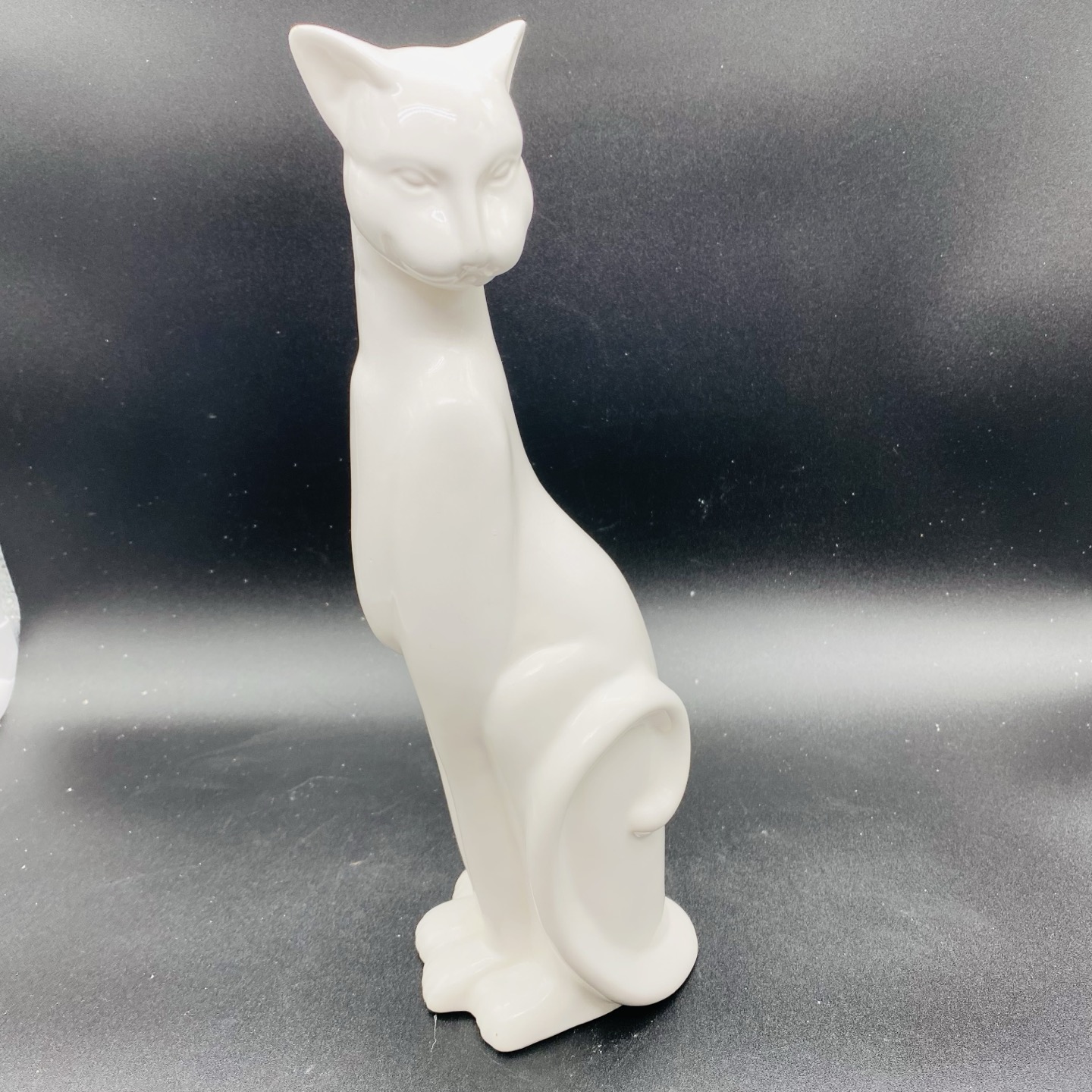 Long Neck White Cat Figurine Statue Deco Style 11 inch Ceramic
