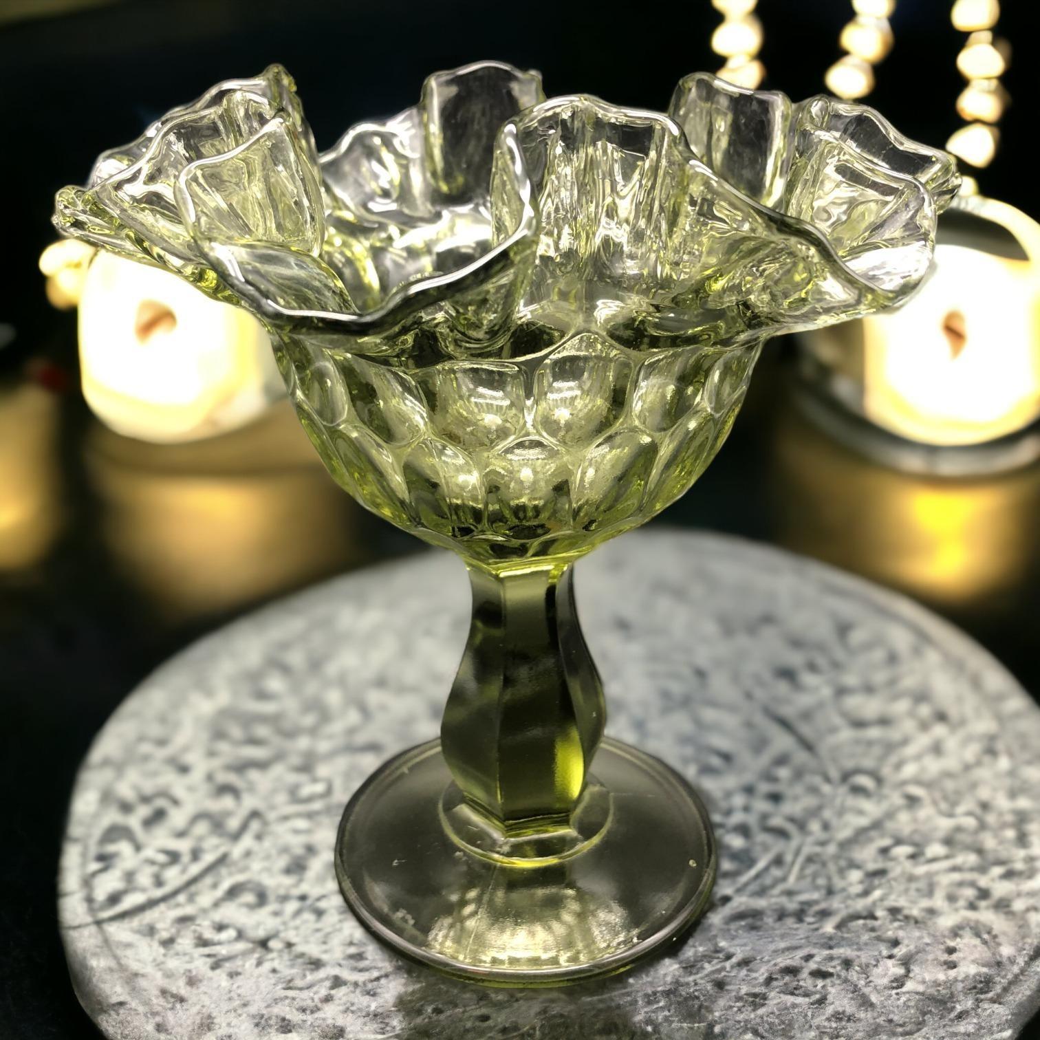 Fenton Green Glass Ruffled Pedestal Compote