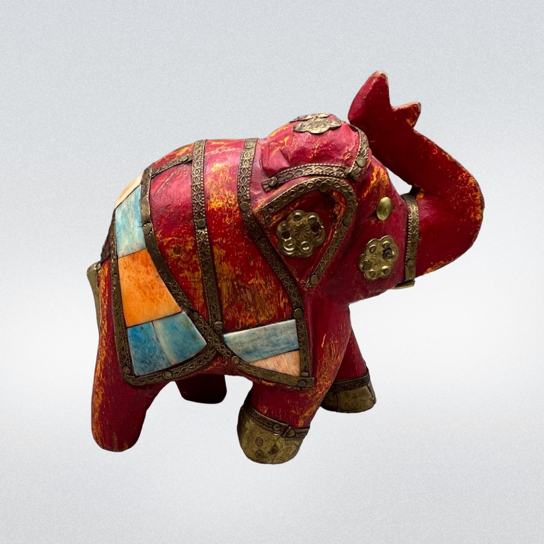Carved Wooden Elephant Figurine With Brass Metal And Inlay Decorations