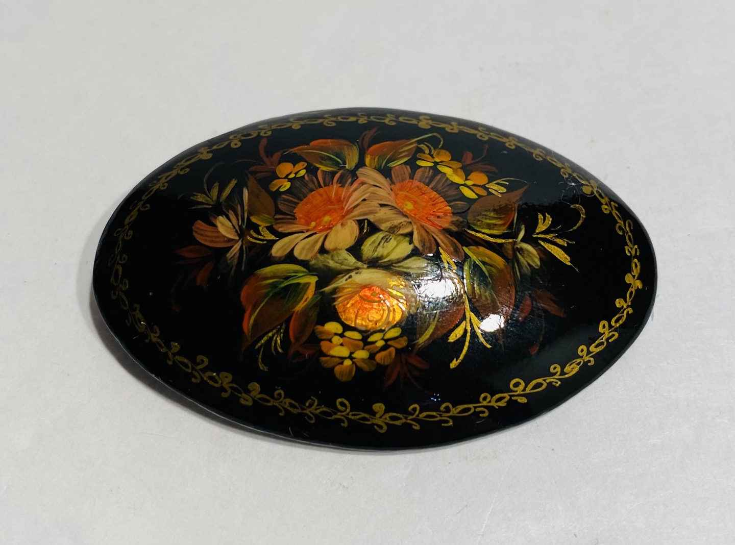 Vintage Pin Brooch Russian Hand Painted Wood Lacquer Floral Black ...