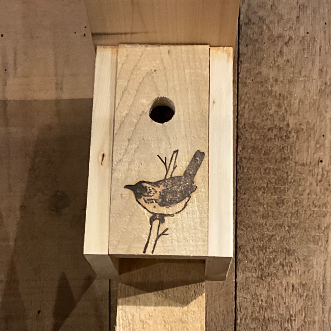 Cedar Birdhouse Wren Box Stenciled Wood Burned Image