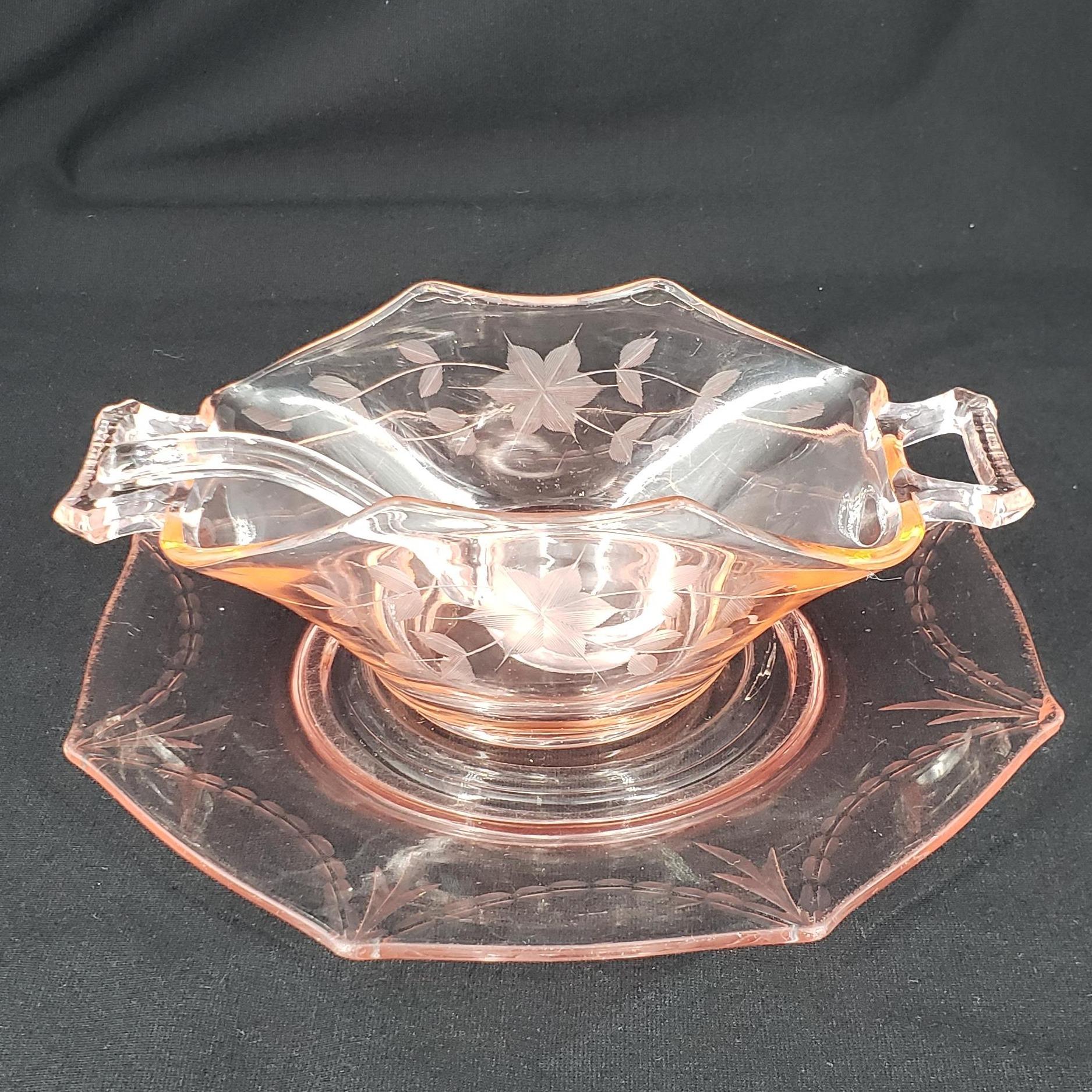 Pink Depression Glass Mayonnaise Set Bowl, Underplate & Spoon UV Glow!