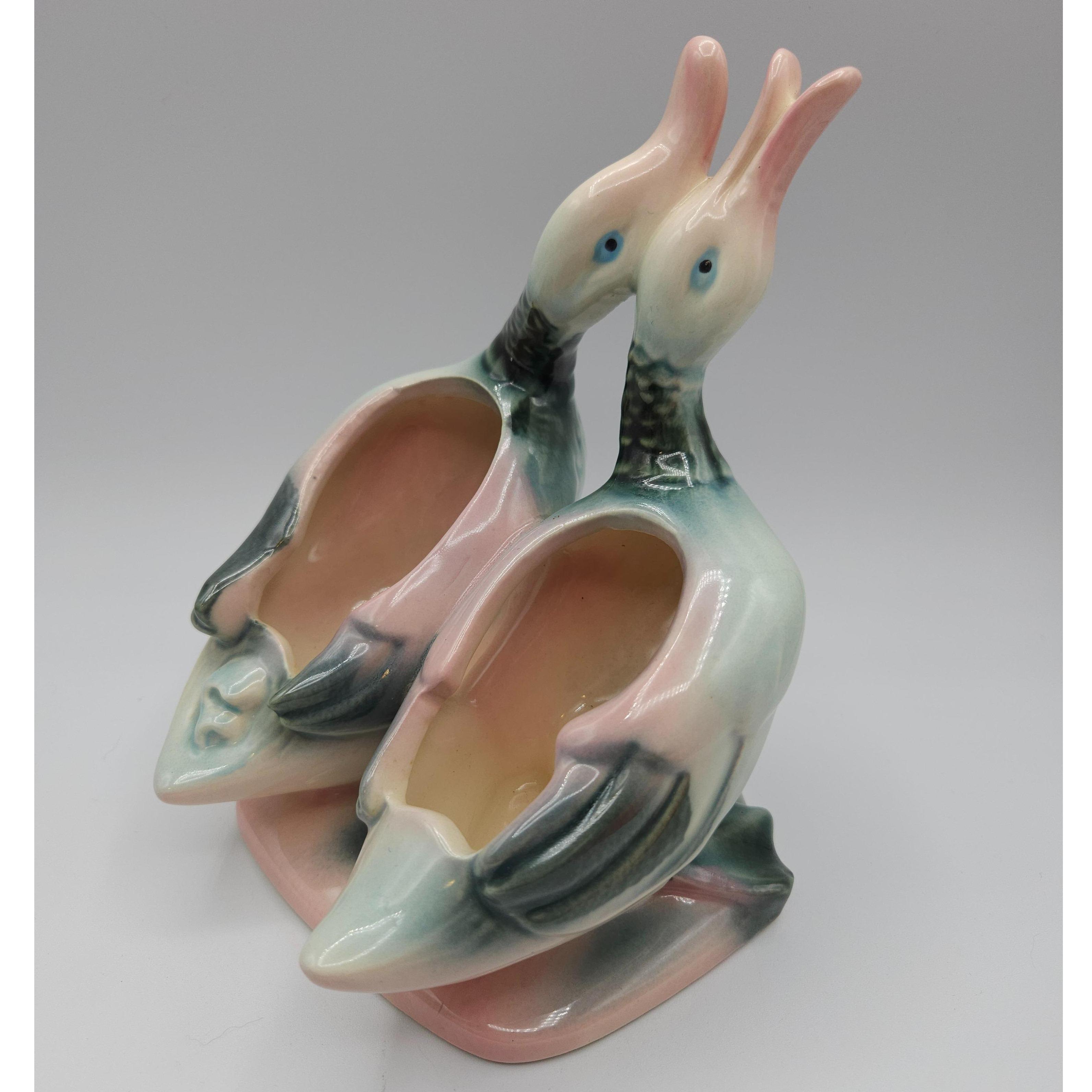 Vintage Hull Pottery Double Duck Love Birds Pink & Blue Ombre