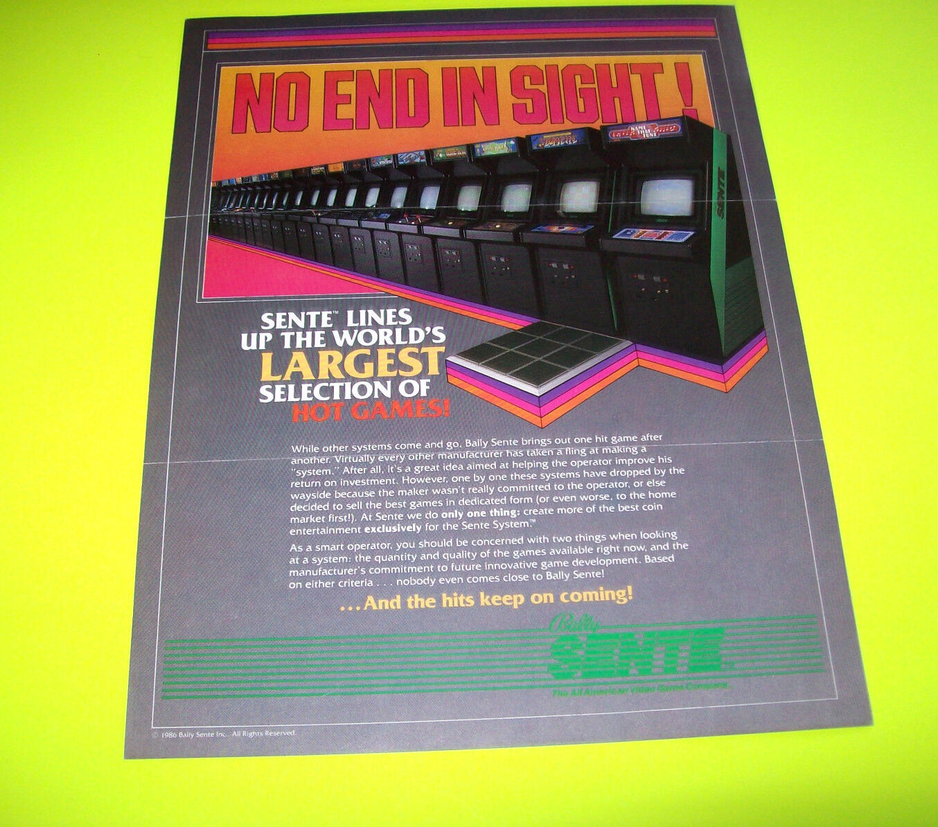 SENTE 1986 ORIGINAL VIDEO ARCADE GAME SALES FLYER Vintage Retro Promo ...