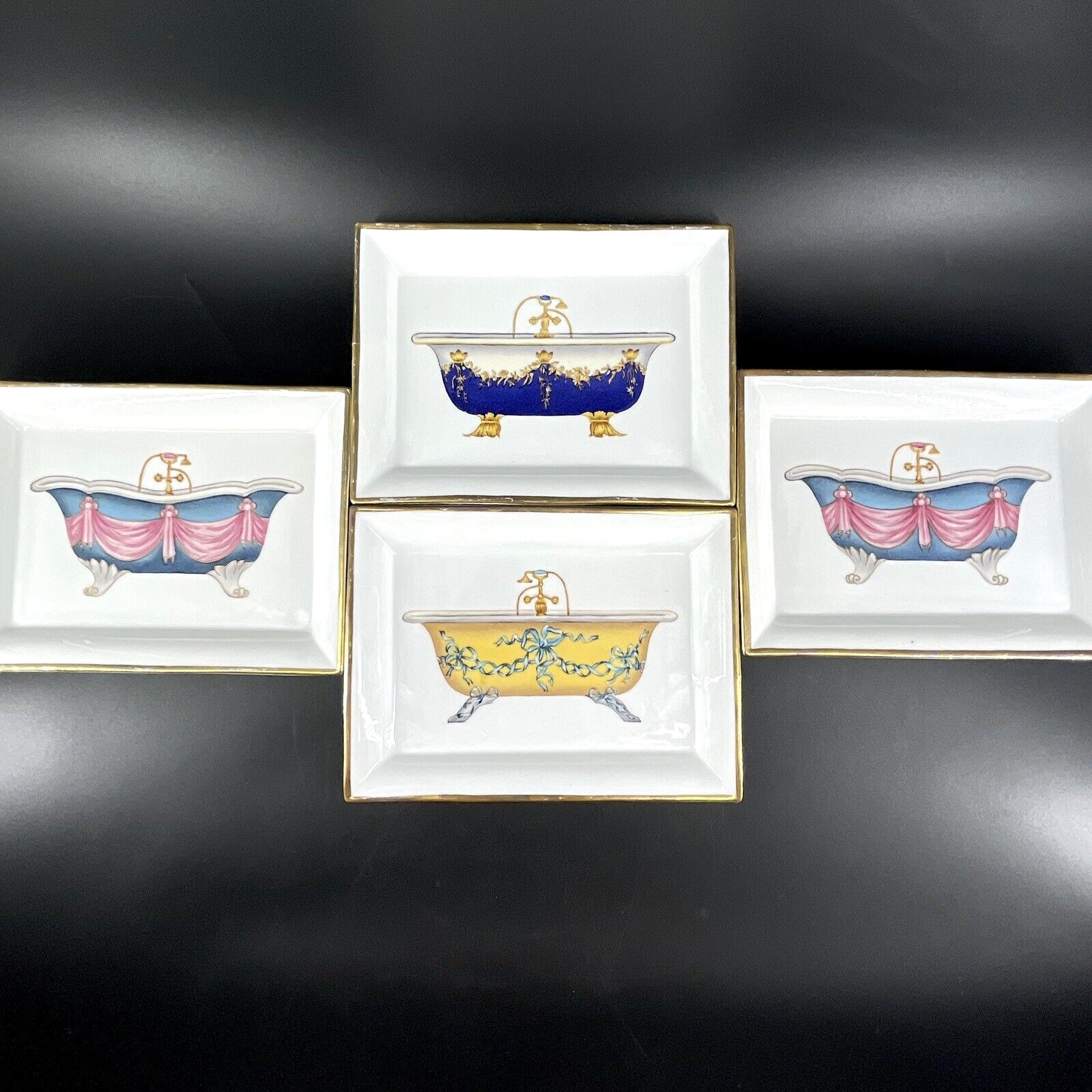 Vintage Lot 4 MCM Claw Foot Bathtub Plates Gilded Rectangular Vanity Trays