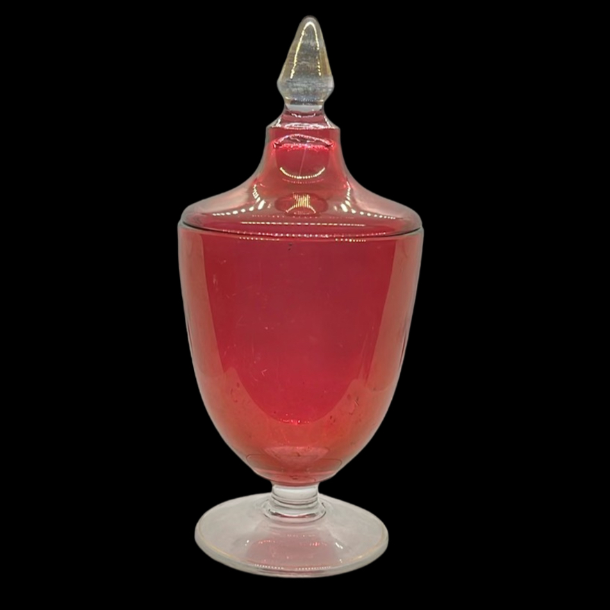 Vintage MCM Red Glass Footed Candy Jar with Lid 10” Tall