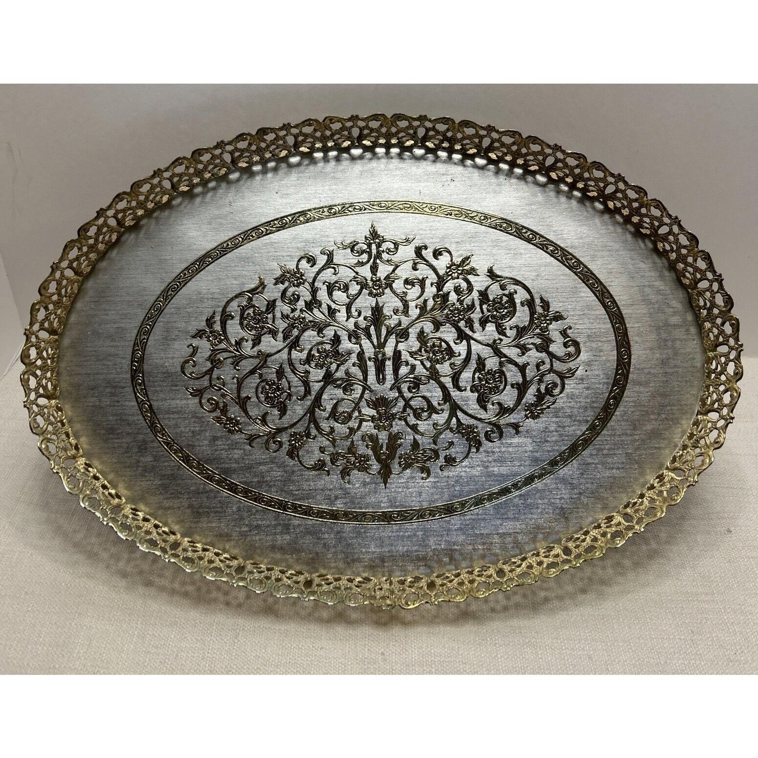 Vtg Hollywood Regency Gold Oval Makeup Vanity Tray ~ Silver Inlay ...