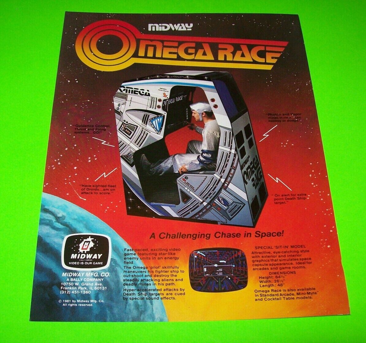 OMEGA RACE Arcade FLYER Sitdown Model Original NOS Video Game 1981 ...