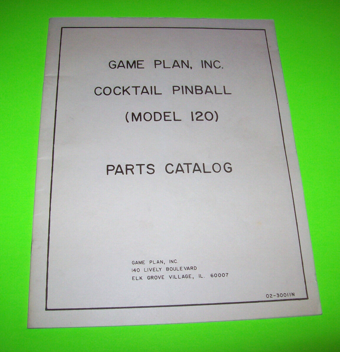 Game Plan Pinball Machine Parts Catalog Cocktail Model #120