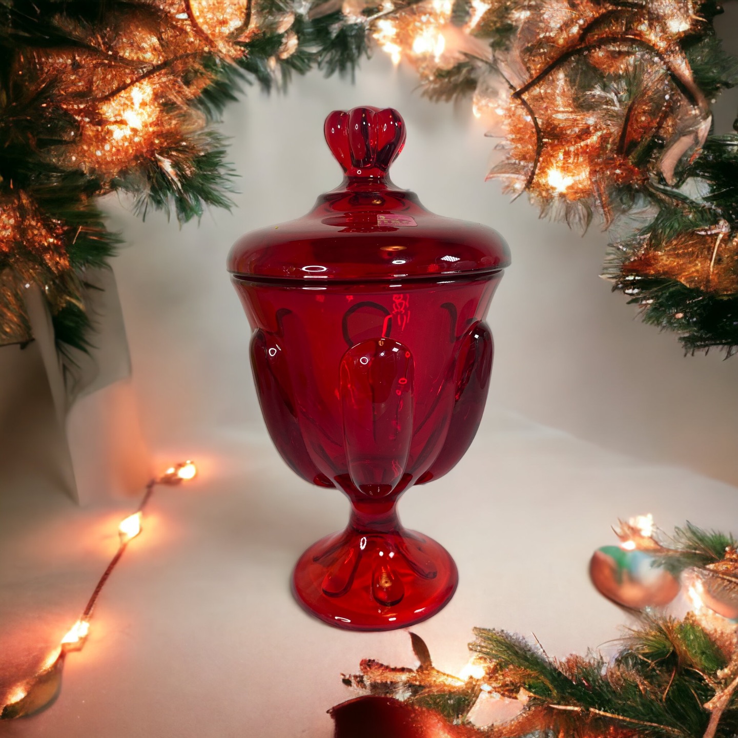 Viking Ruby Glass #1428 Six Petal Covered Candy Jar