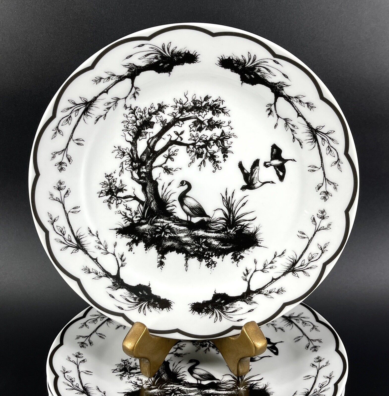 LOT 5 I. GODINGER & COMPANY SALAD PLATES BLACK & WHITE BIRD PLATES PRISTINE