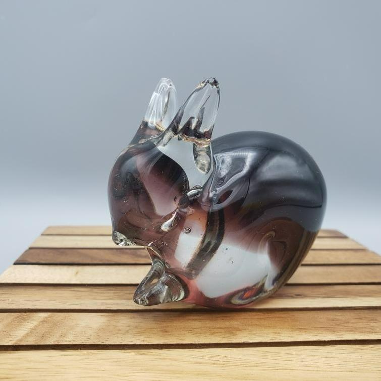 Art Glass Bunny Paperweight Figurine Amethyst & Clear