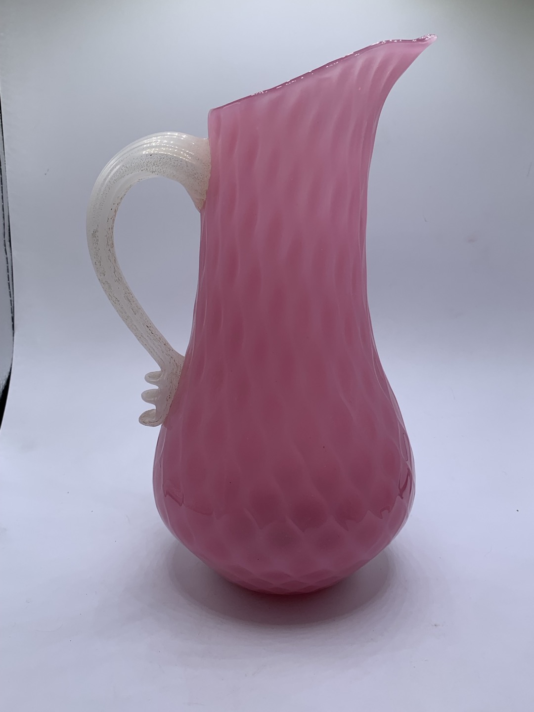 Murano Pink Quilted Pitcher , White Handle With Gold Flecks. 10” Tall ...