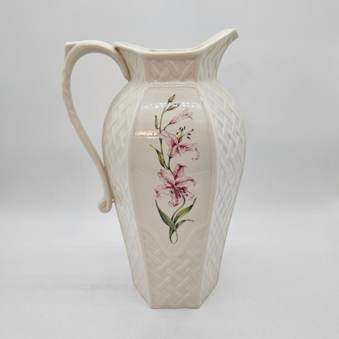 Irish Belleek Pottery Country Trellis 10" Pitcher Signed Nollaig Shona 2001