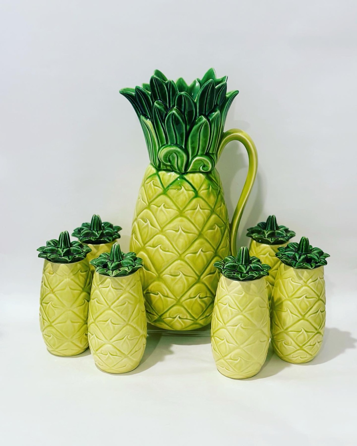 Cemar Pottery Ceramic Pineapple Pitcher & 6 Glasses W Lid California ...