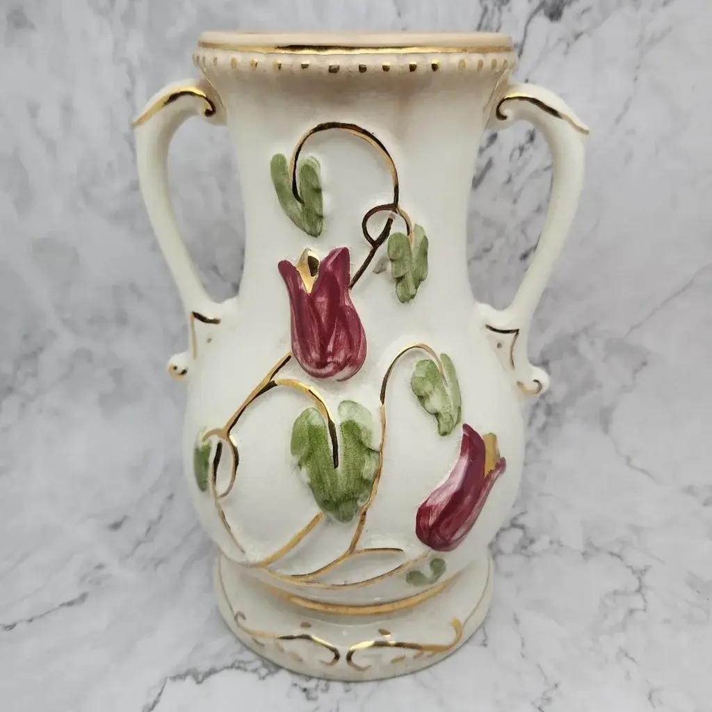 Antique Ceramic Vase, 2 Handles, Tulip, Gold Accents, 8"