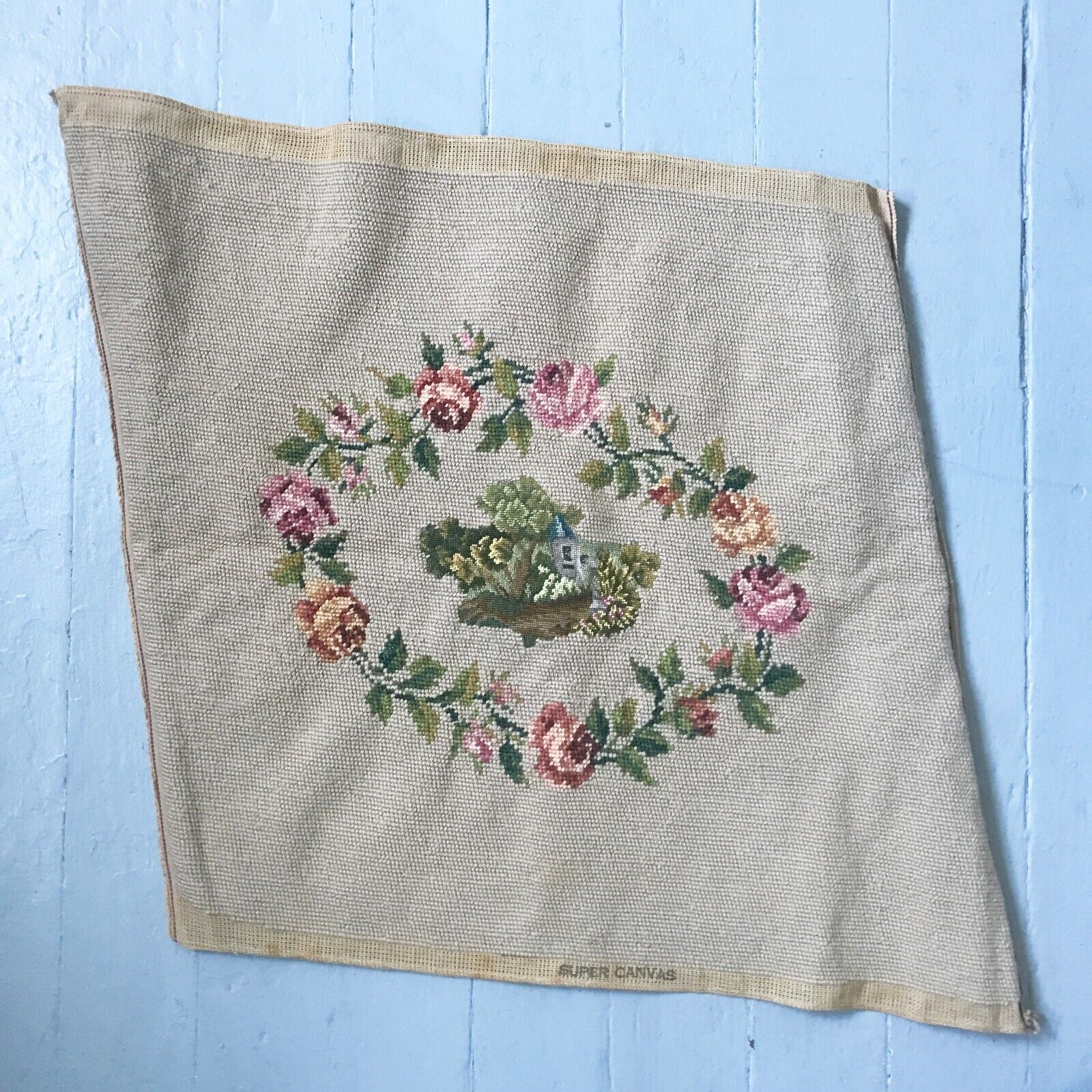 Vintage Super Canvas Needlepoint Crewel Roses Floral Wreath Unfinished ...