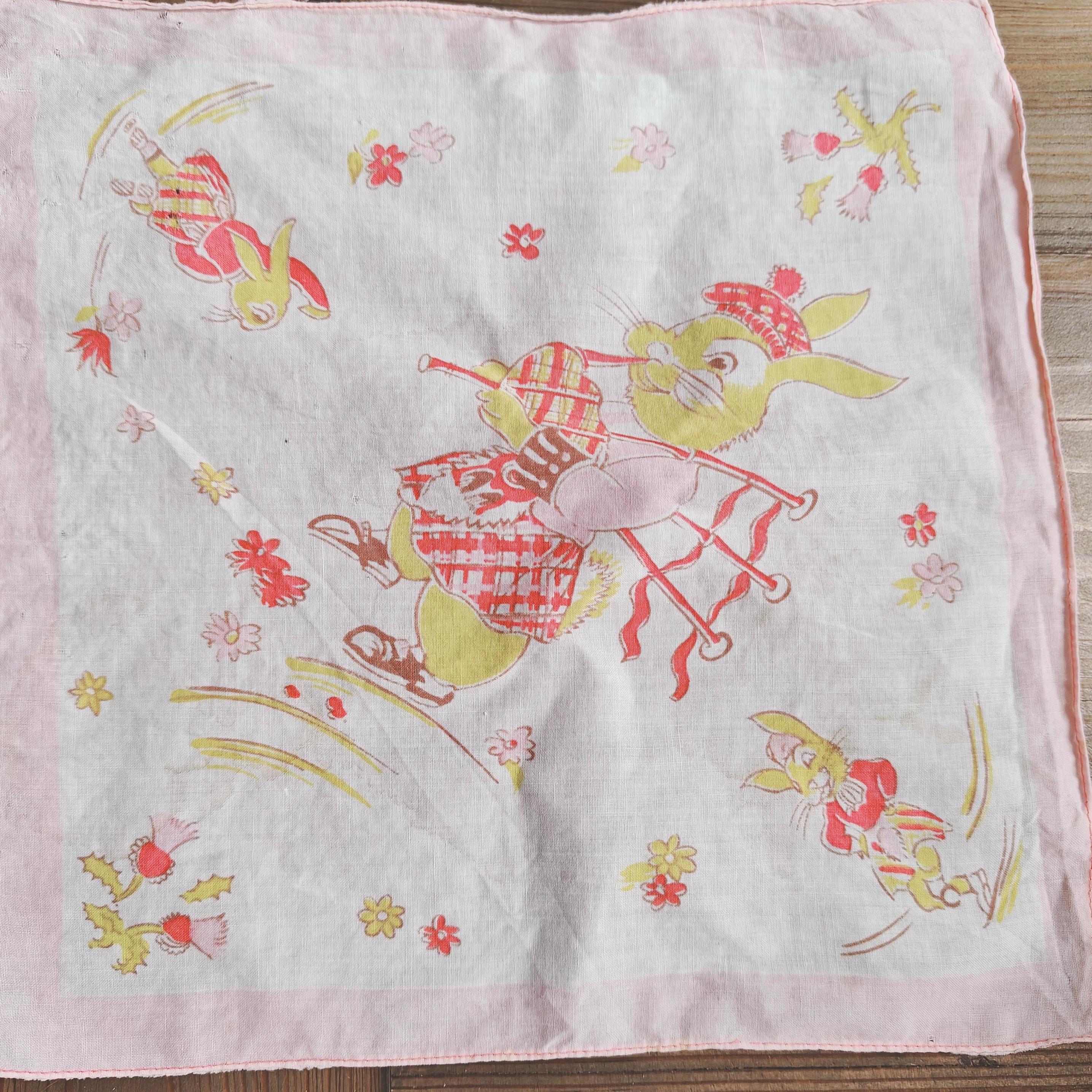 Vintage Bunny Rabbit Playing A Bagpipe and Bunnies Nearby Handkerchief