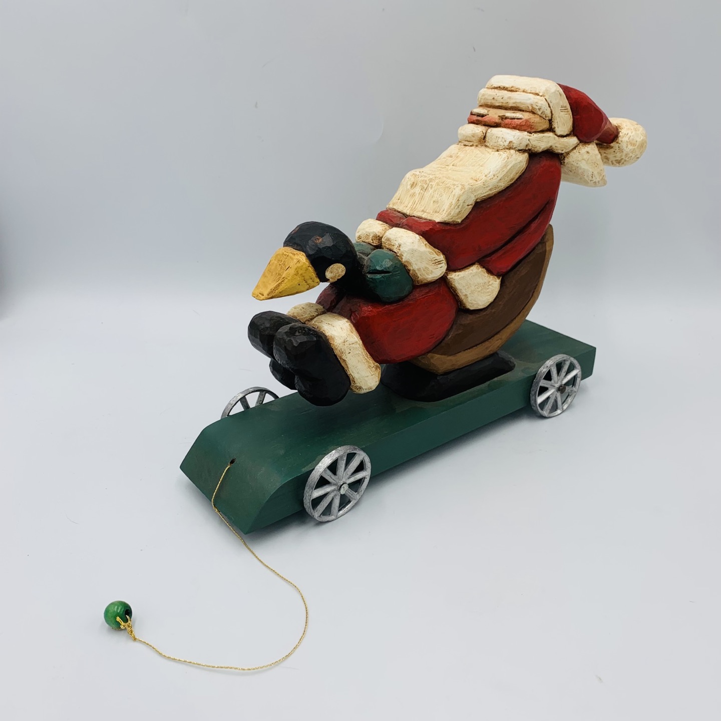 Hand Carved Wood Folk Art Santa Claus Riding Goose Signed