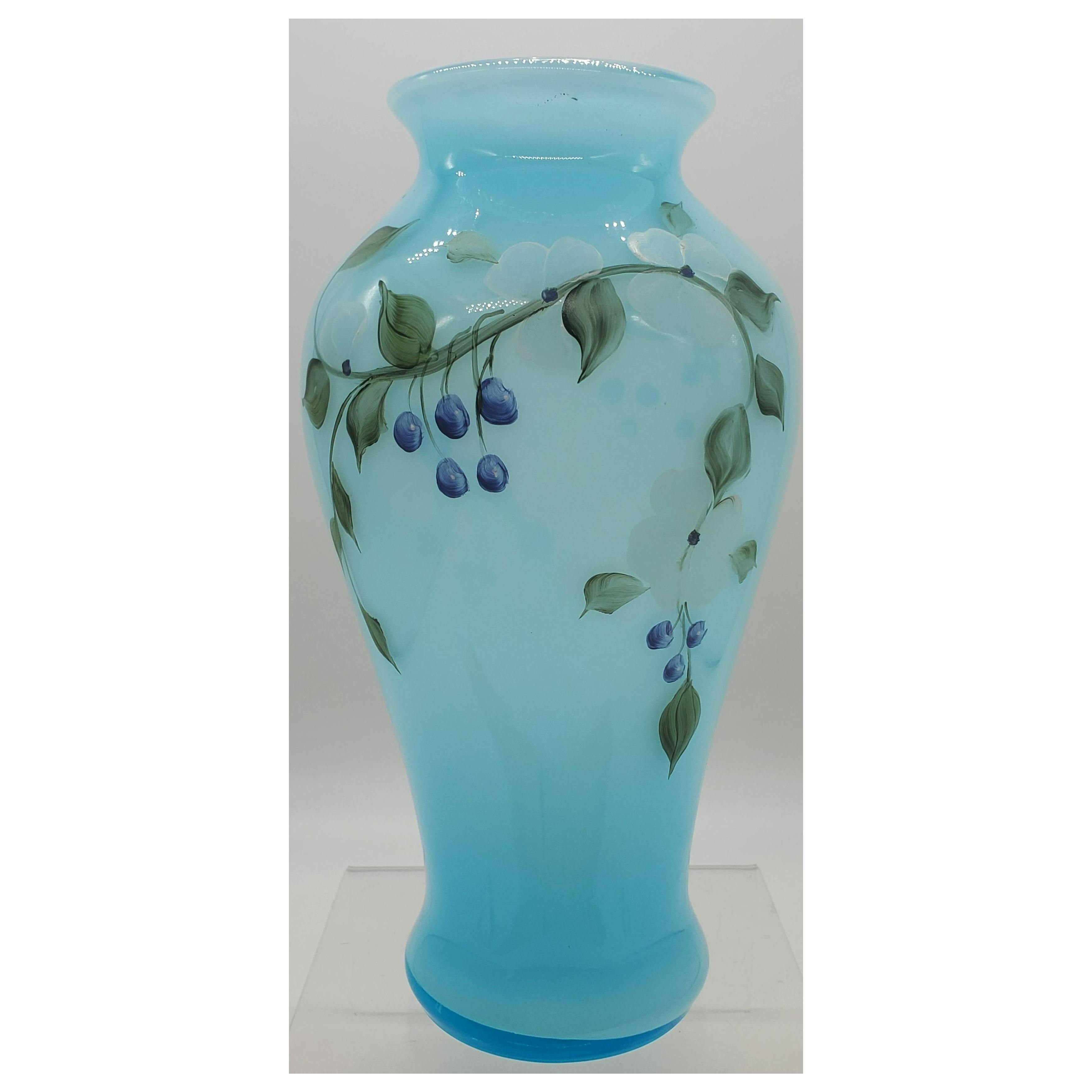 FENTON BLUE CASED ENAMELED FLORAL VASE ARTIST SIGNED C GRIFFITHS "F ...