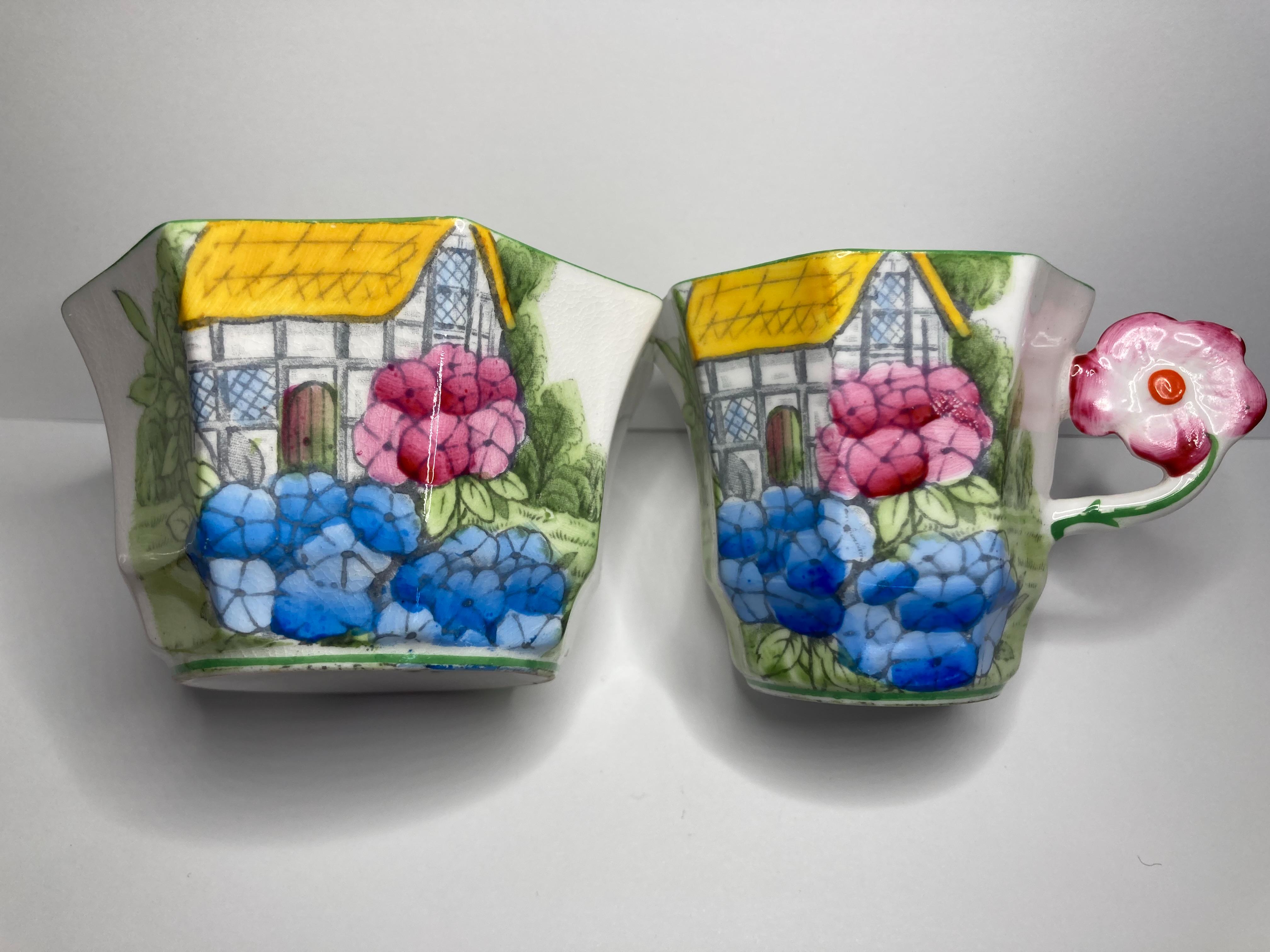 Melba Bone China Art Deco Creamer and Sugar Pink Flower Handle ...